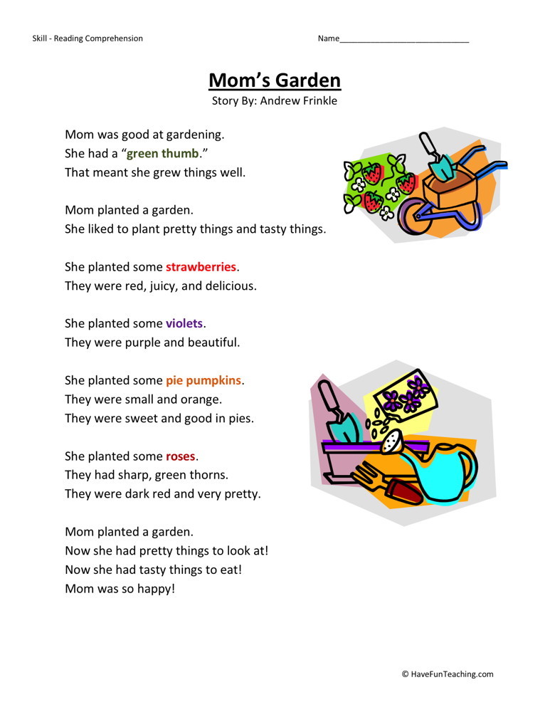 Reading Comprehension Worksheet - Mom's Garden