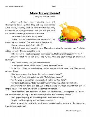 Reading Comprehension Worksheet - More Turkey Please!