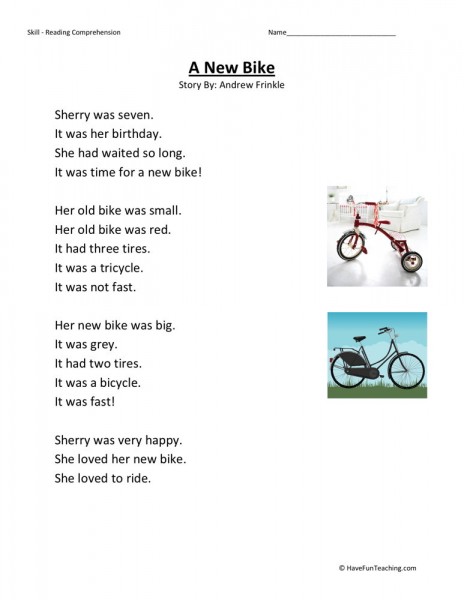 Reading Comprehension Worksheet - A New Bike