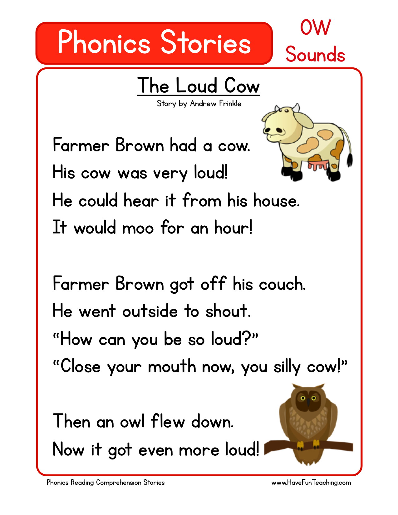 Reading Comprehension Worksheet The Loud Cow Reading Comprehension Worksheet The Loud Cow