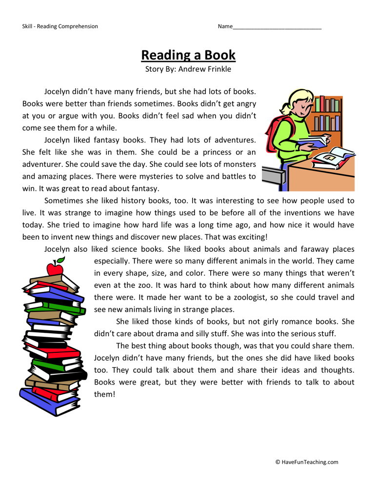 Reading Comprehension Worksheet Reading A Book
