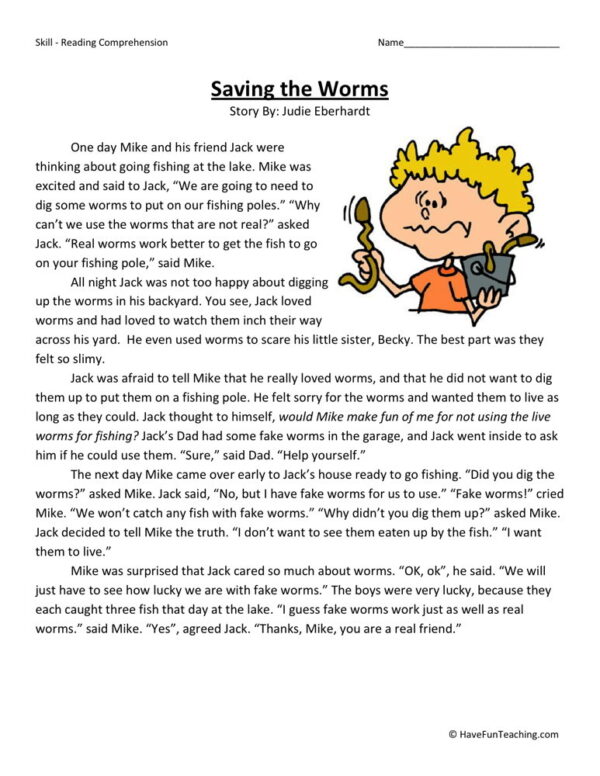Reading Comprehension Worksheet - Saving the Worms