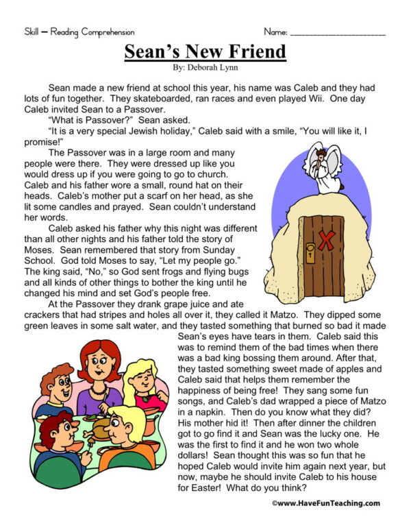Reading Comprehension Worksheet - Sean's New Friend