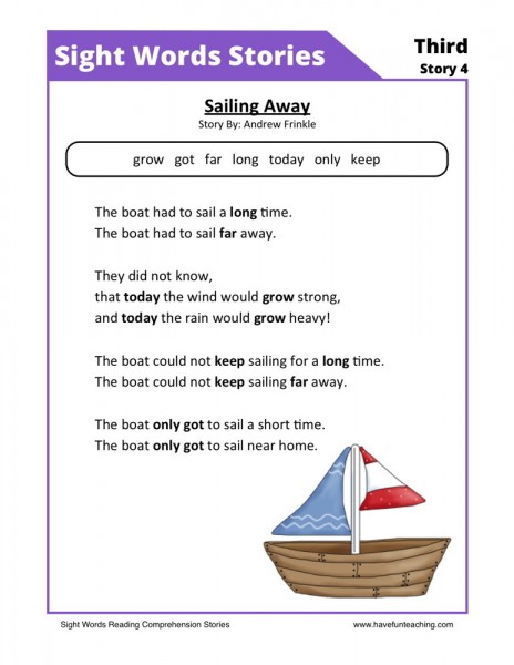 Sight Words Reading Comprehension Worksheets