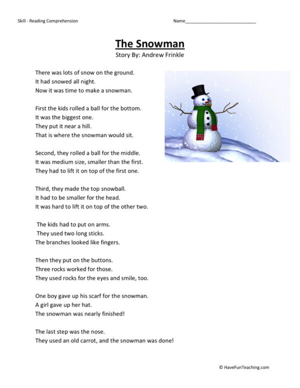 Reading Comprehension Worksheet - The Snowman