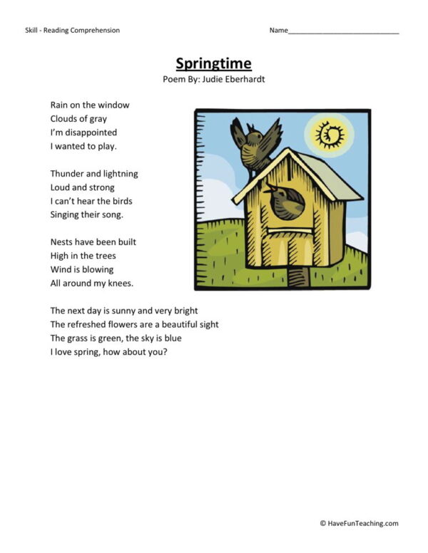 Reading Comprehension Worksheet - Spring Time