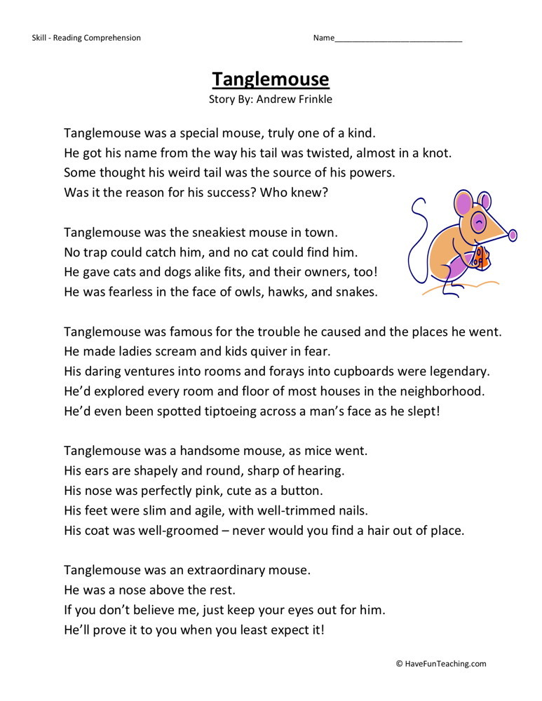 Reading Comprehension Worksheet Tanglemouse Reading Comprehension Worksheet Tanglemouse