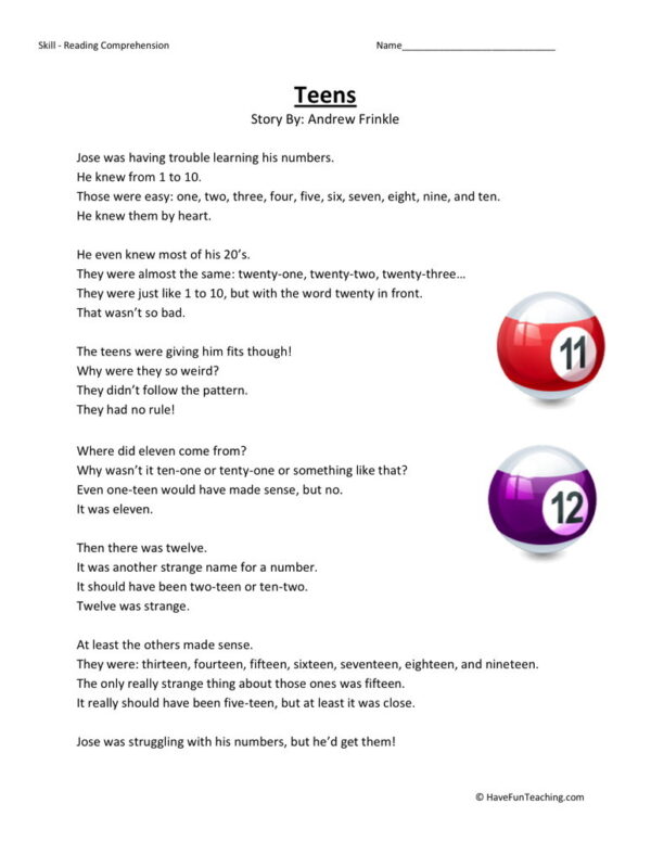 Reading Comprehension Worksheet - Teens