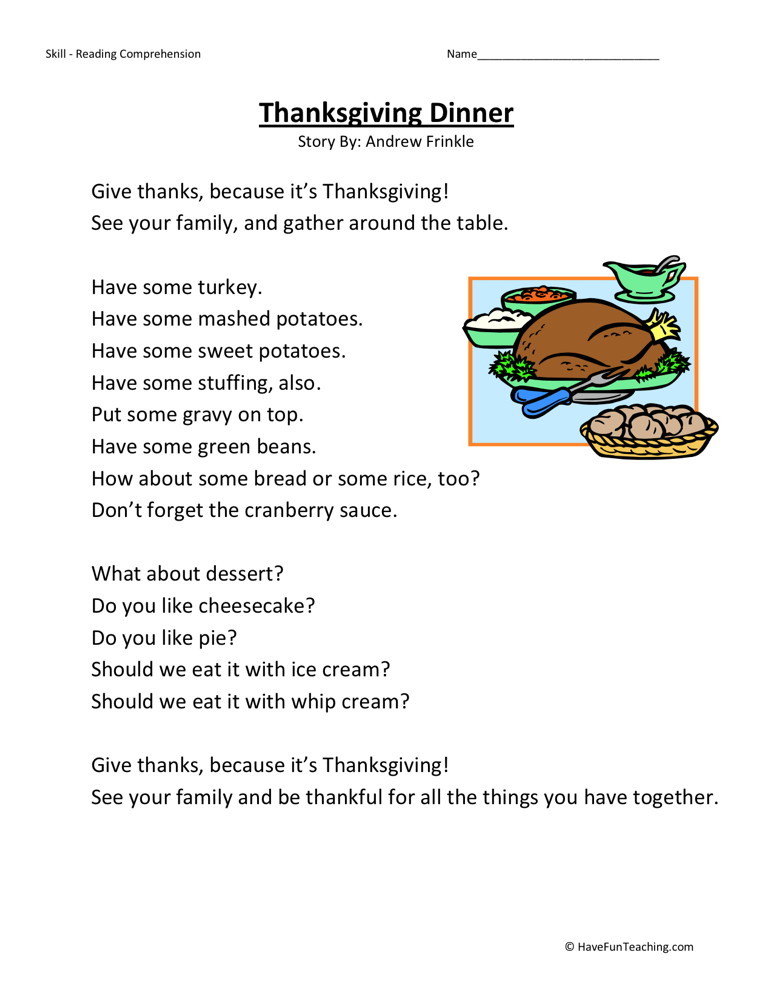 Reading Comprehension Worksheet Thanksgiving Dinner