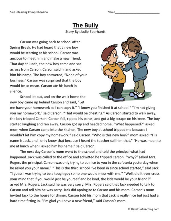 Reading Comprehension Worksheet - The Bully