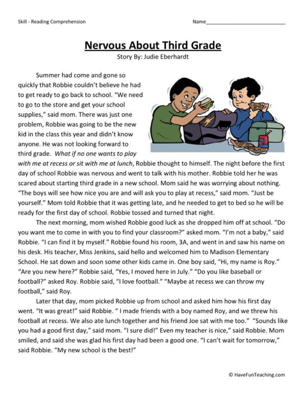 Reading Comprehension Worksheet - Nervous About Third Grade