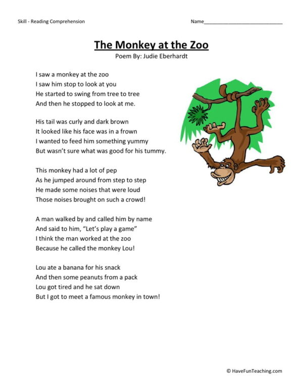 Reading Comprehension Worksheet - The Monkey at the Zoo