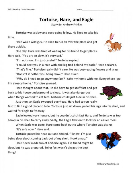 Reading Comprehension Worksheet - Tortoise, Hare, and Eagle
