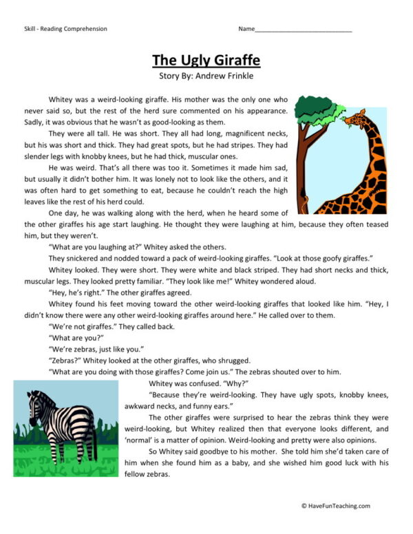 Reading Comprehension Worksheet - The Ugly Giraffe